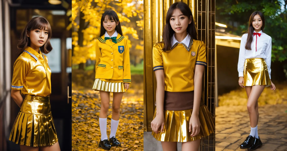 Lexica - Girl in glossy gold school uniform miniskirt