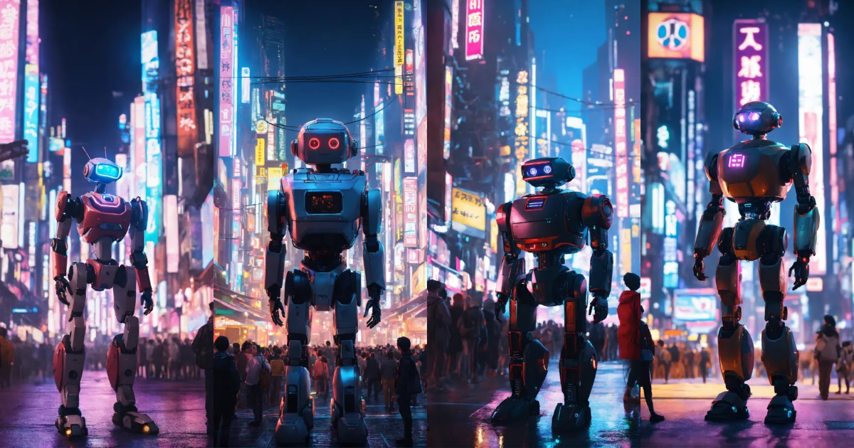 Lexica - Cute tiny robo in neo-tokyo, surrounded by lots of people ...