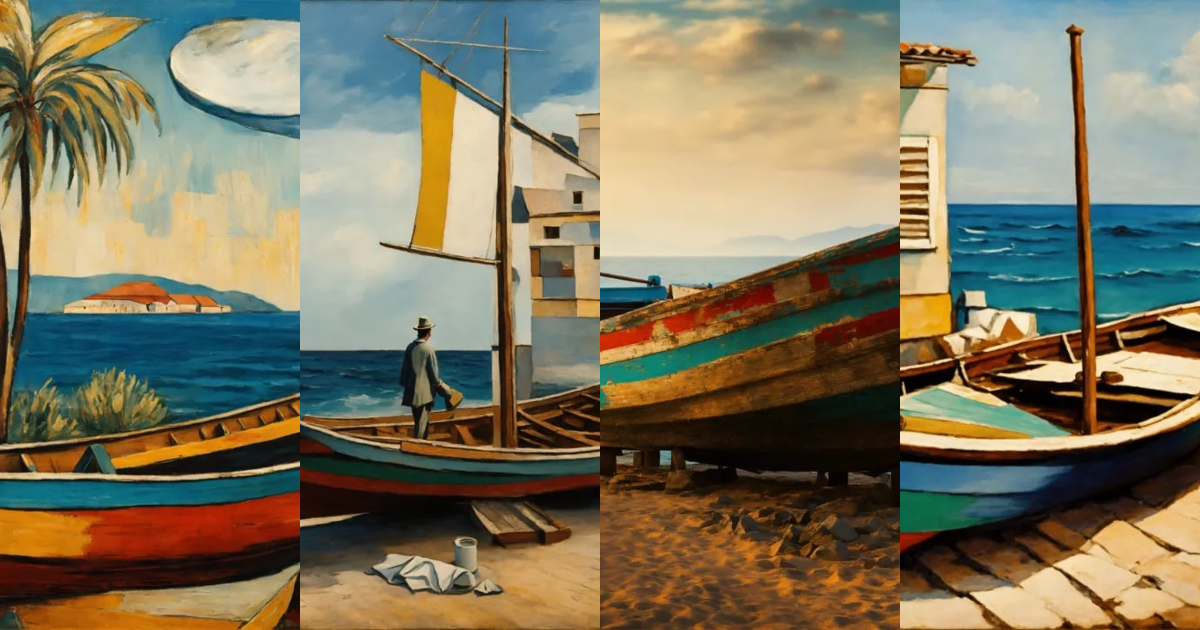 Lexica - Picasso painting with the sea and an old boat