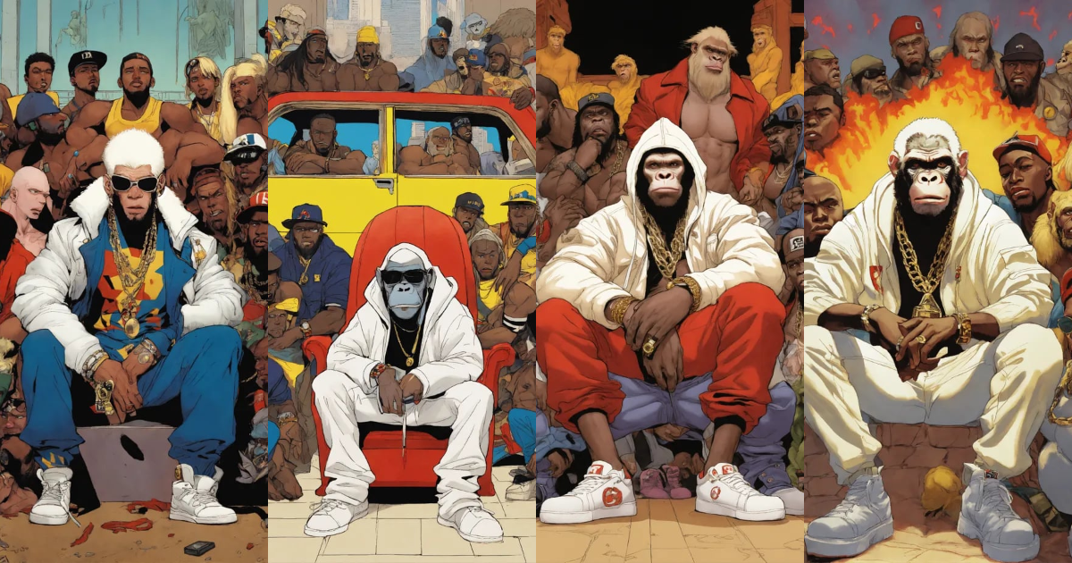 Lexica - An incredibly powerful looking albino ape rapper sitting on a ...