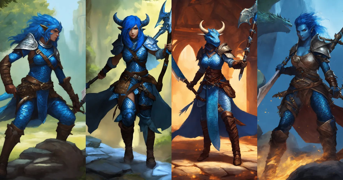 Lexica - Dragonborn, blue scales, female, swinging a glaive, fantasy ...