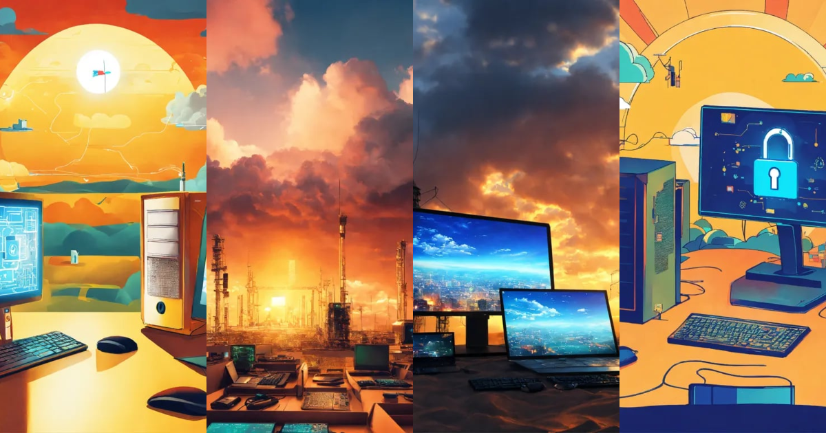 Lexica - Please generate a lively artwork of computers and cybersecurity under sunshine and clouds.