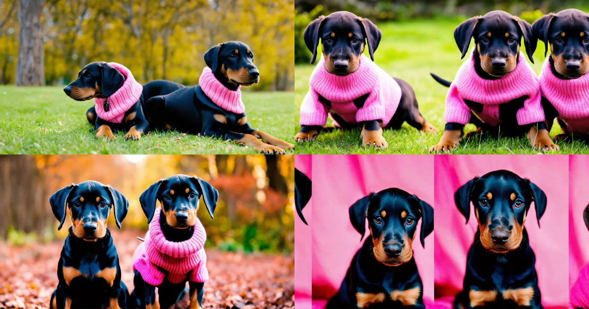 Lexica - 2 doberman pinchers puppies wearing a wool pink sweater
