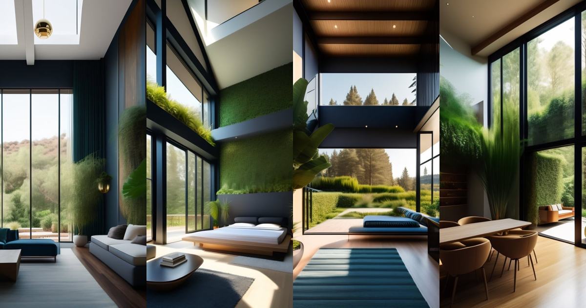 Lexica - A sunny panoramic room with high ceilings and plants