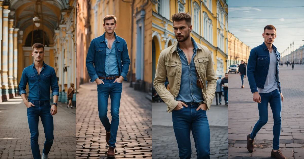Lexica - Skinny Russian man in denim jeans,walking confidently with an ...