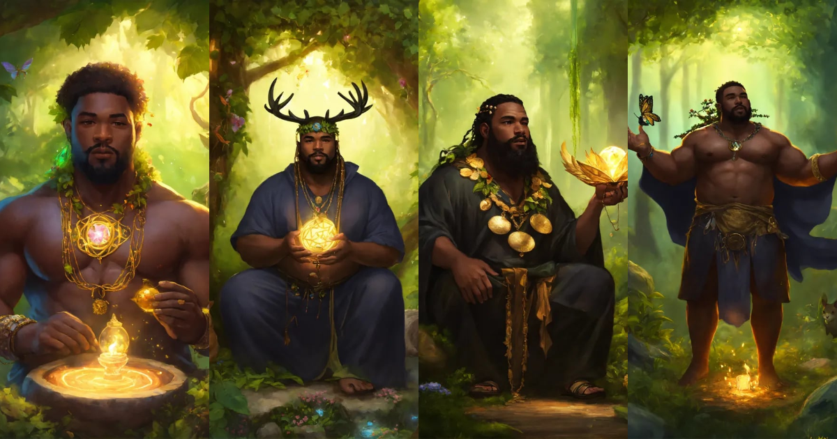 Lexica - Stocky black guy druid summoning a fairy