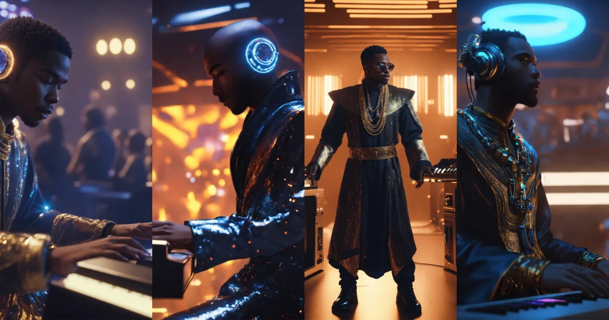 Lexica - Zoom out from a black male humanoid wearing a fancy space robe ...