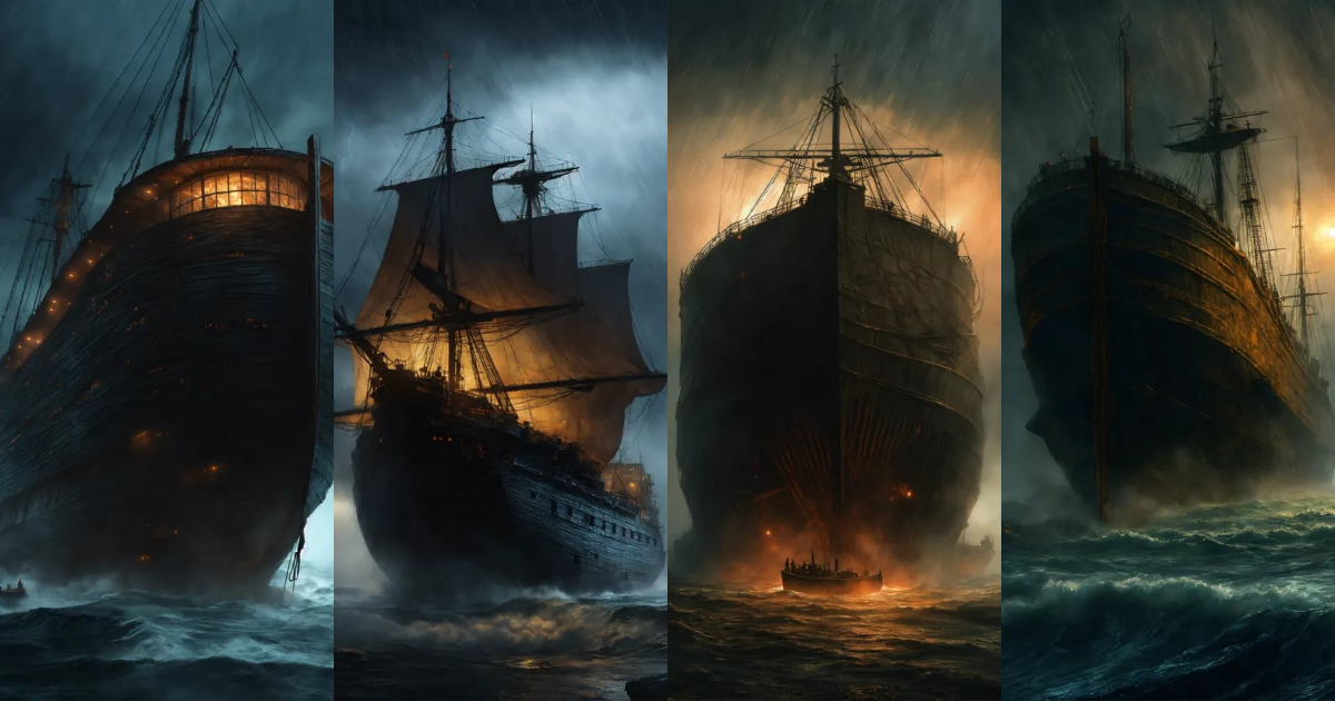 Lexica - Noah's ark rectangular shape ship, in a terrible storm, dense ...
