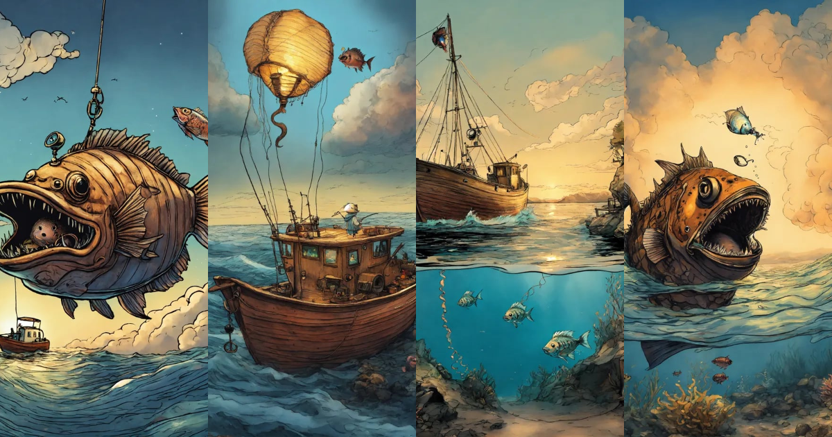 Lexica - A angler fish with a light under a boat marine life. ocean ...