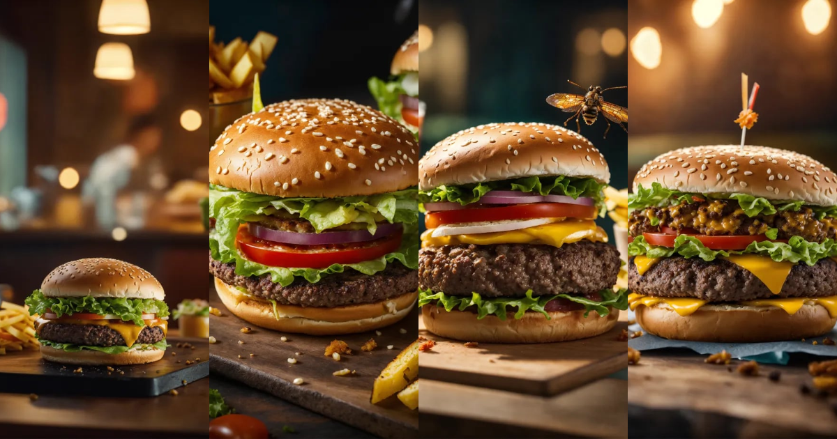 Lexica - Bird's-eye view, Burger King burger with insect, moody ...