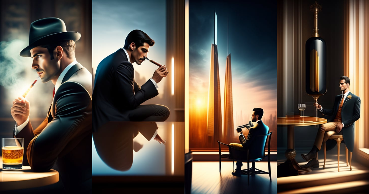 Lexica - Tall withe detective with a cigare in the hand, sit down on ...