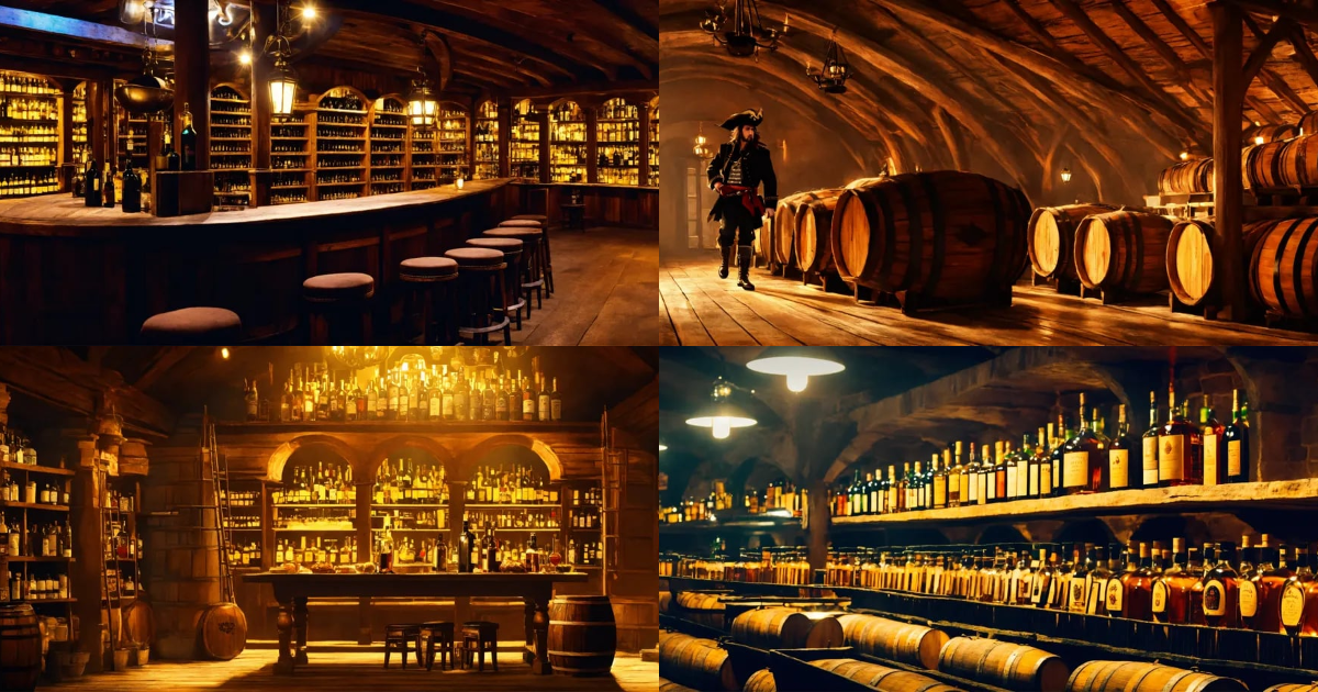 Lexica - Pirates in rum cellar, whiskey cellar, bottles, 8k