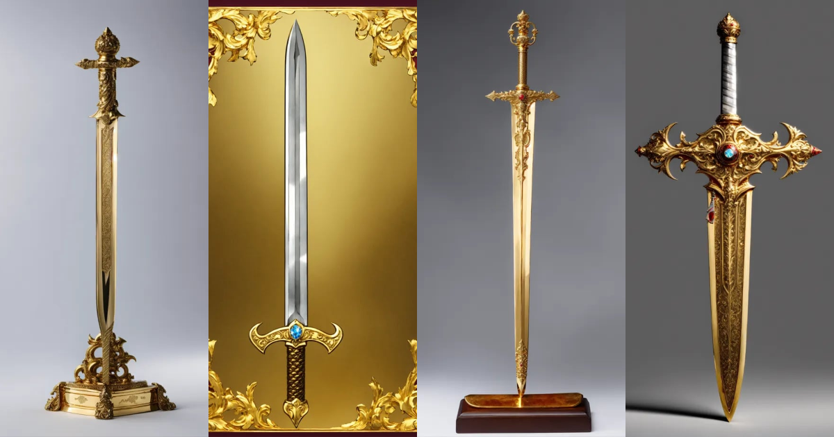 Lexica - Gold sword side view, white background, standing side view