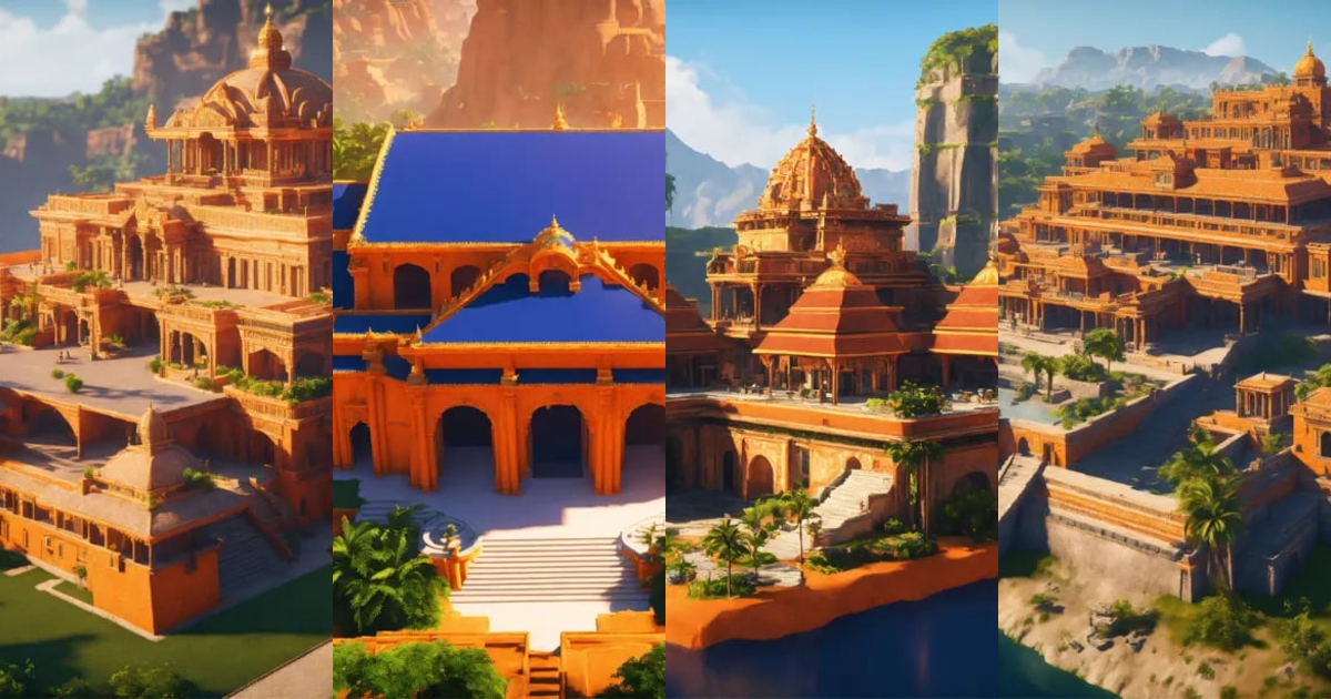 Lexica - Full image of a massive orange royal palace with a navy blue ...