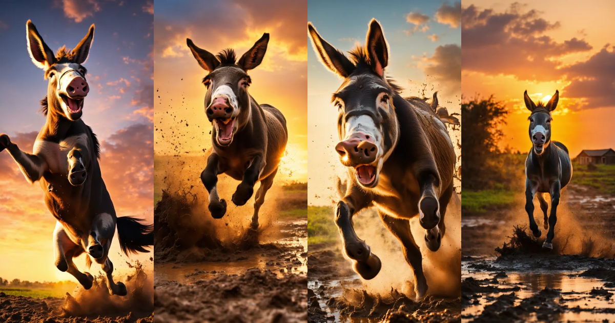Lexica - A donkey screaming and jumping falling into stinky mud. Sunset ...