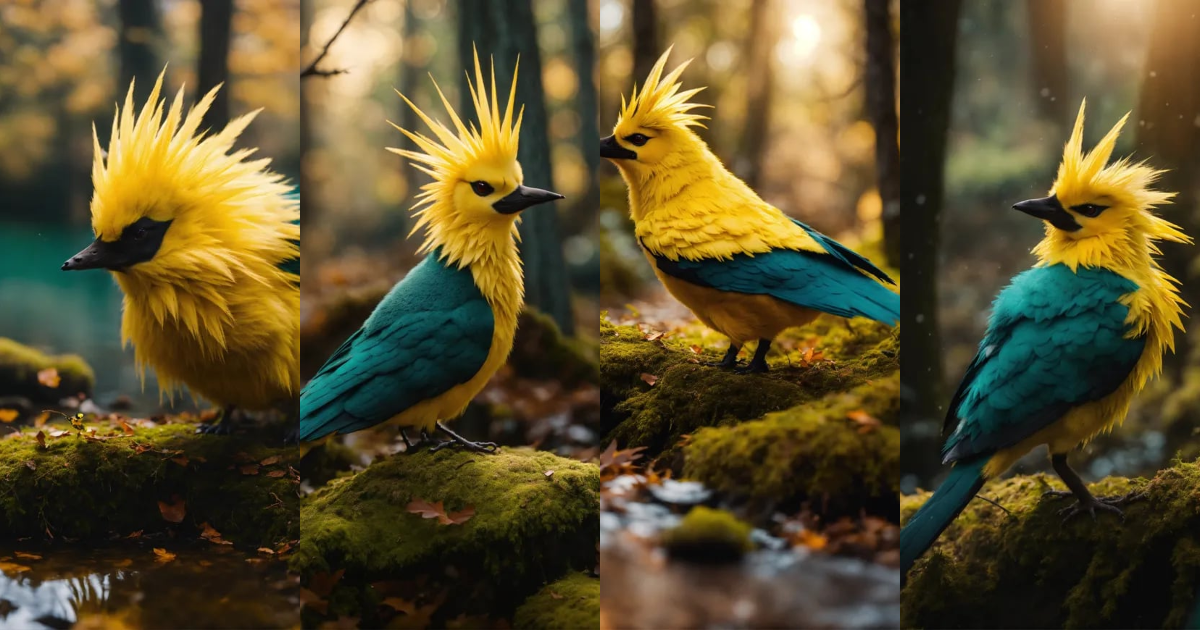 Lexica - A realistic zapdos animal among the trees, forest lake, moss ...