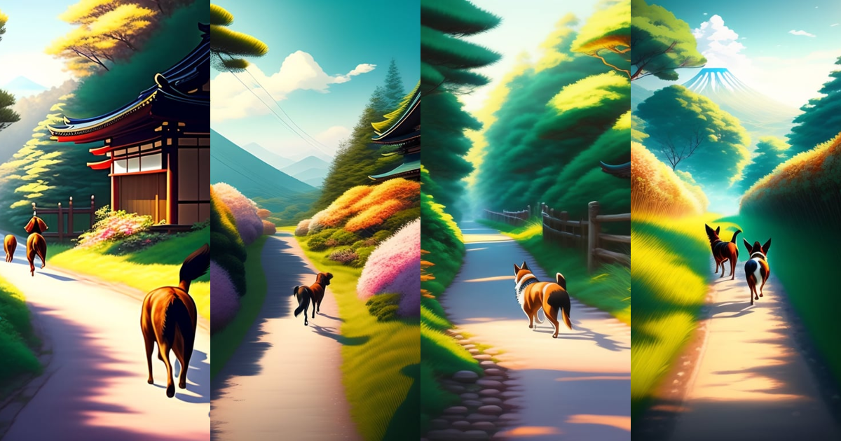 Lexica - 2 dogs running down a foot path in rural japan, in anime style