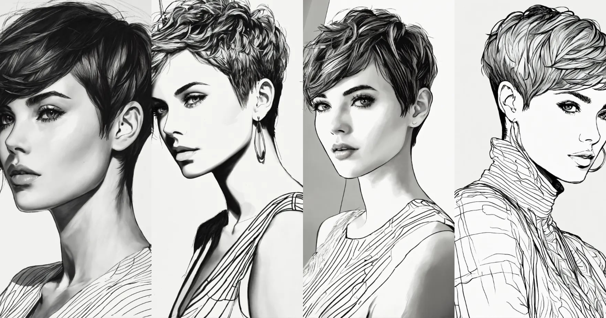 Lexica - Black and white line drawing, woman, pixie cut, upper body ...