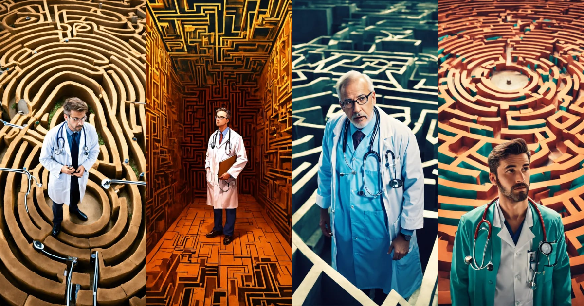 Lexica - A confused doctor in a labyrinth with a stethoscope.
