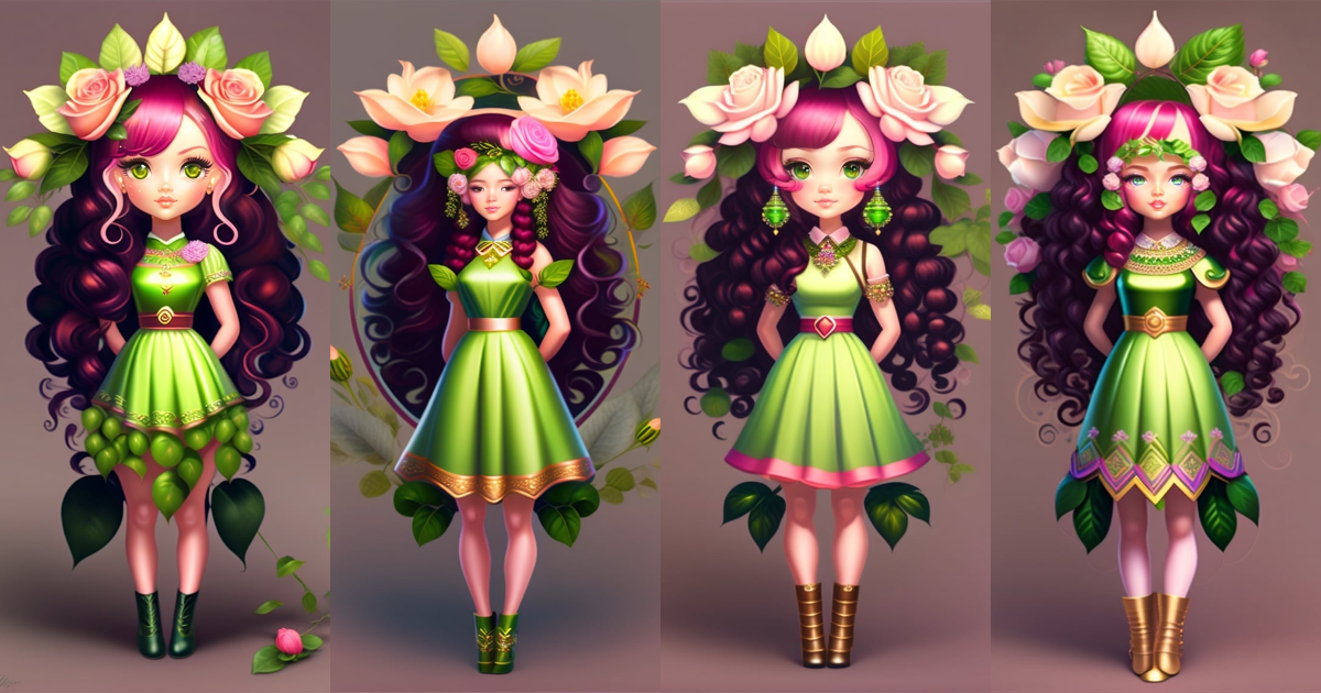 Lexica - Goddess of love, pink hair, green leafy dress, roses in her hair