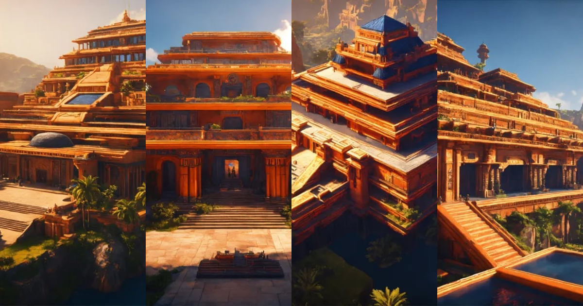 Lexica - Full image of a massive orange Aztec sci fi palace with a navy ...