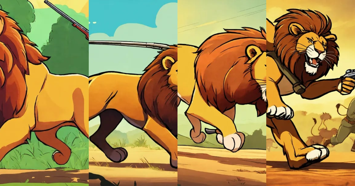Lexica - Cartoon lion chasing attacking men hunters