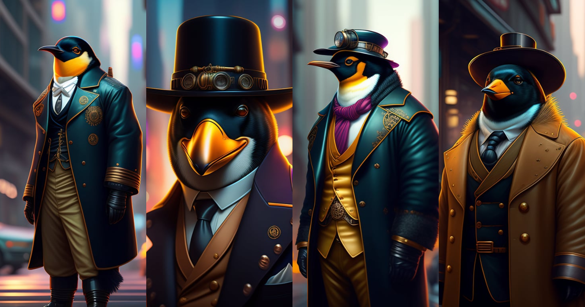 Lexica - "Portrait of a steampunk penguin in a cyberpunk city, by Arai ...