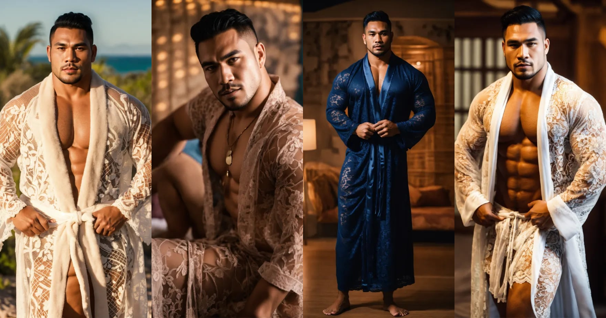 Lexica - Full shot of a handsome samoan man in a long sheer lace robe ...