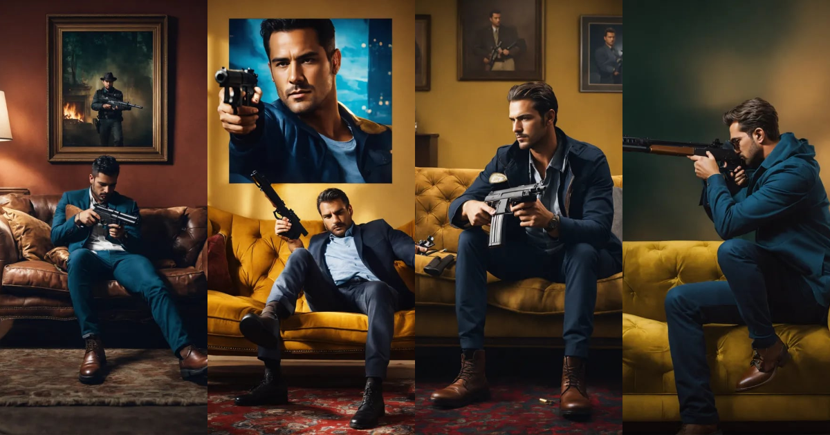 Lexica - Create a poster of a man holding a gun while he is setting on ...