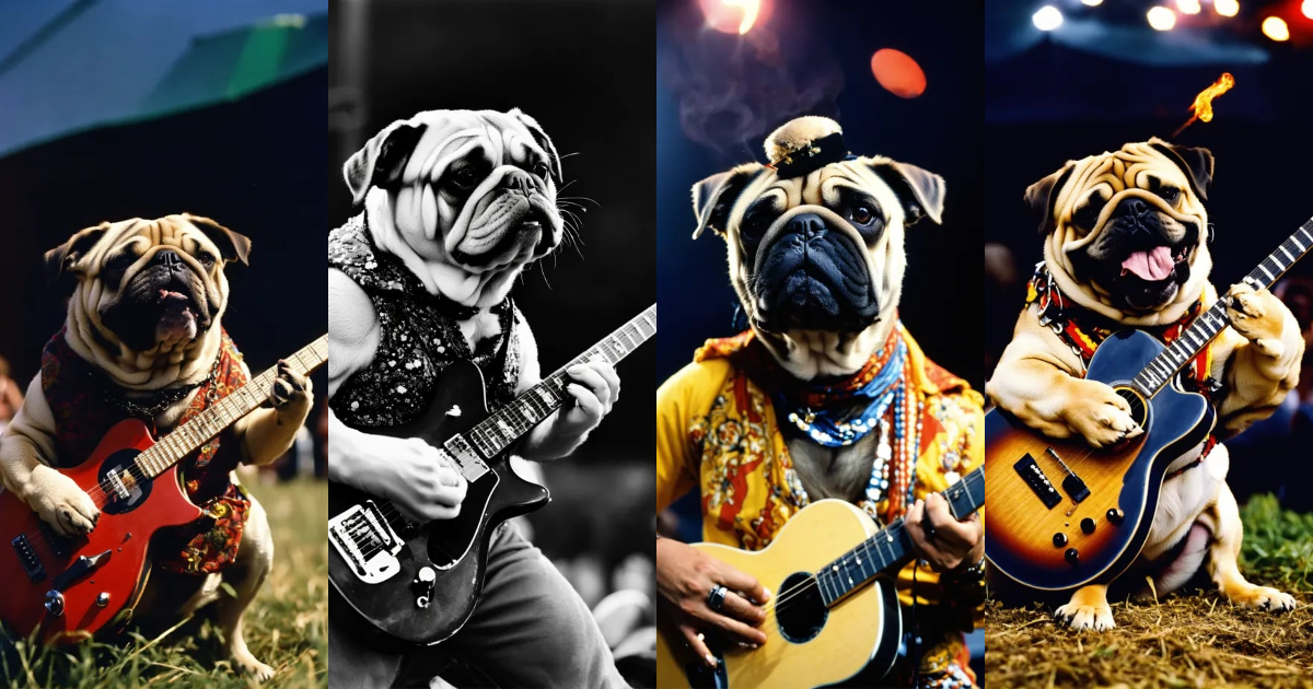 Lexica - A bulldog/pug playing guitar at a concert at Woodstock 1969 ...
