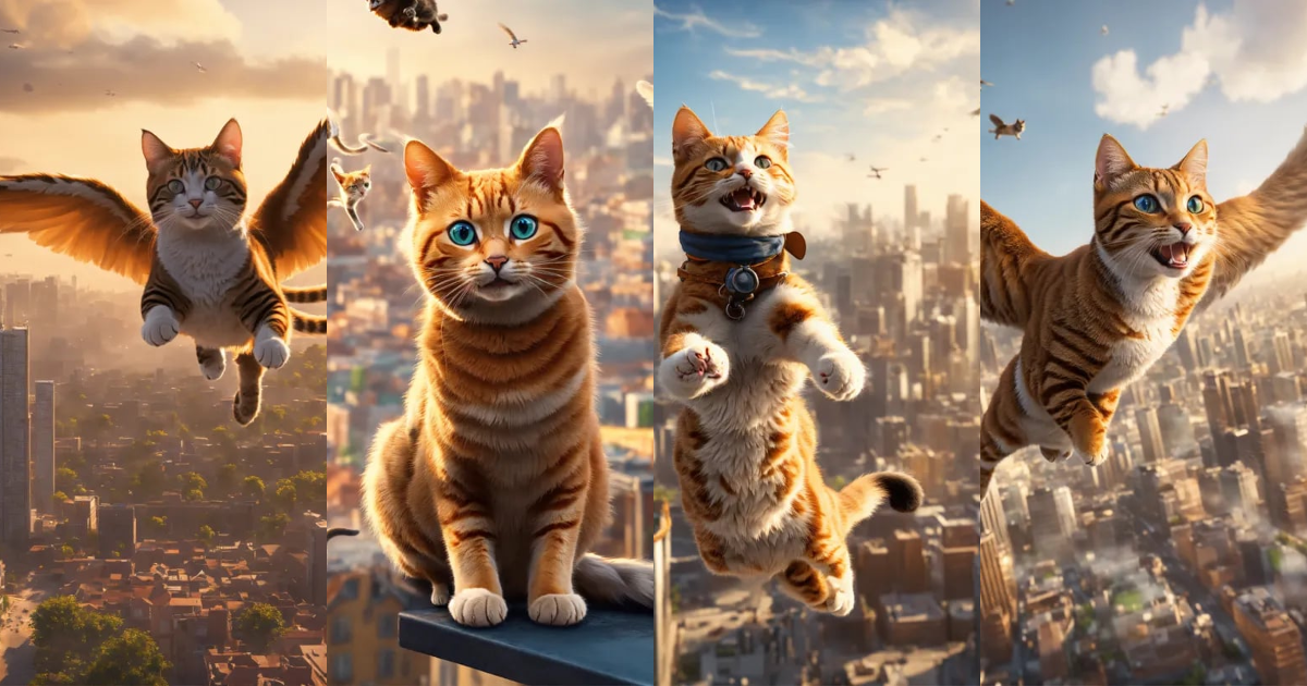 Lexica - Medium close-up, Smiling cats flying over the city, highly ...