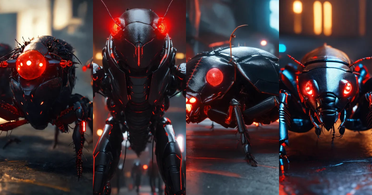 Lexica - Group of 3 black cockroach faced humanoids with red glowing ...