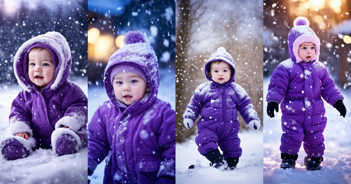 Lexica - A very cute snow baby in a purple snow suit playing in the ...
