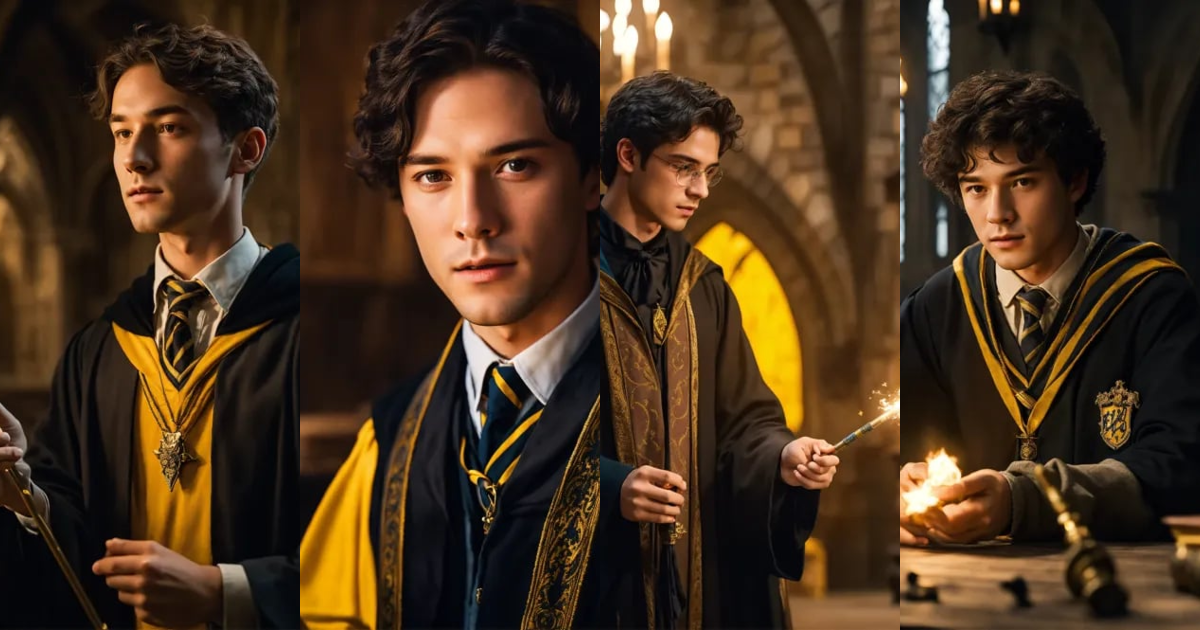 Lexica - Man young wizard, inside Hogwarts with a Magic wand, 2023 year ...