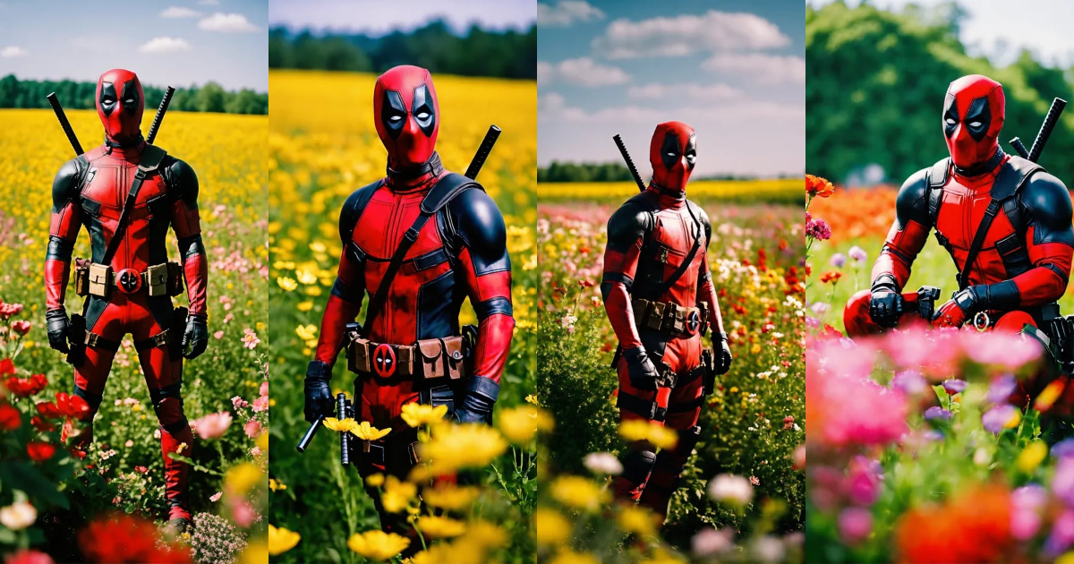 Lexica - Happy Deadpool standing in a beautiful field of flowers ...