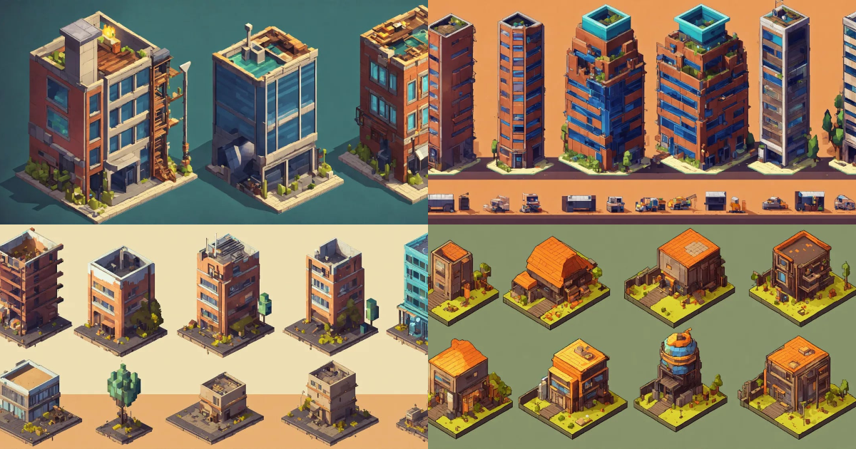 Lexica - Simple clean blocky 2d isometric pixel concept sprites of an ...