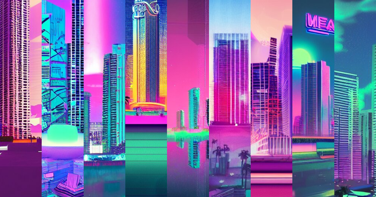 Lexica - Vaporwave city, Miami at night. Digital painting. Beeple. Banksy