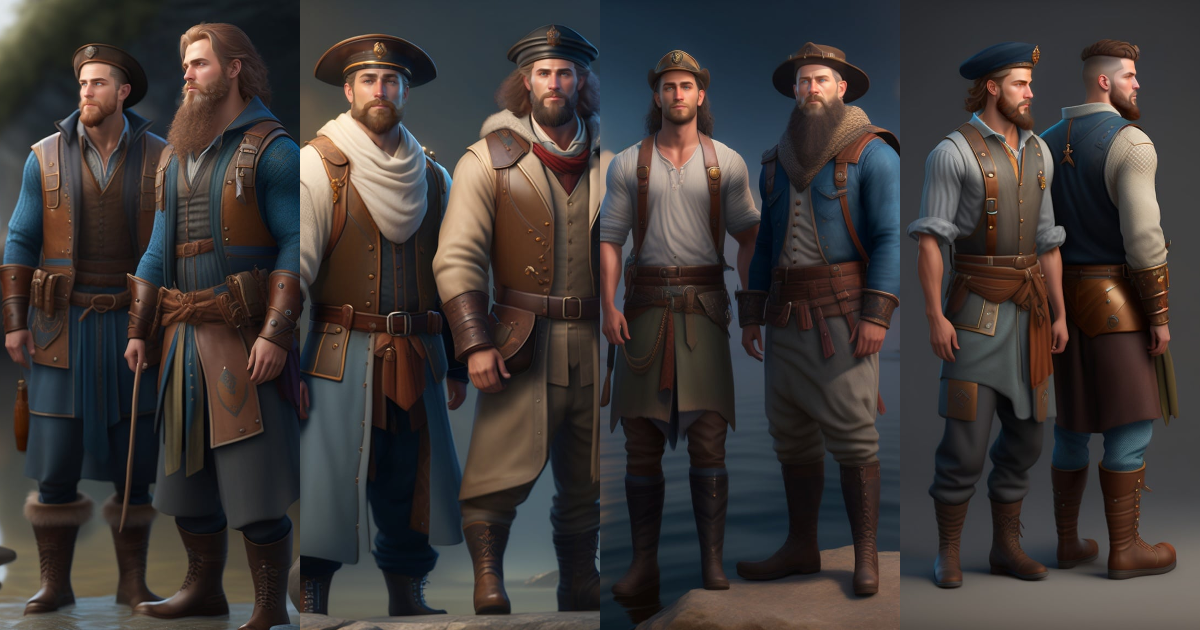 Lexica - 2 fishermen standing , full body, medieval rags, barefoot ...