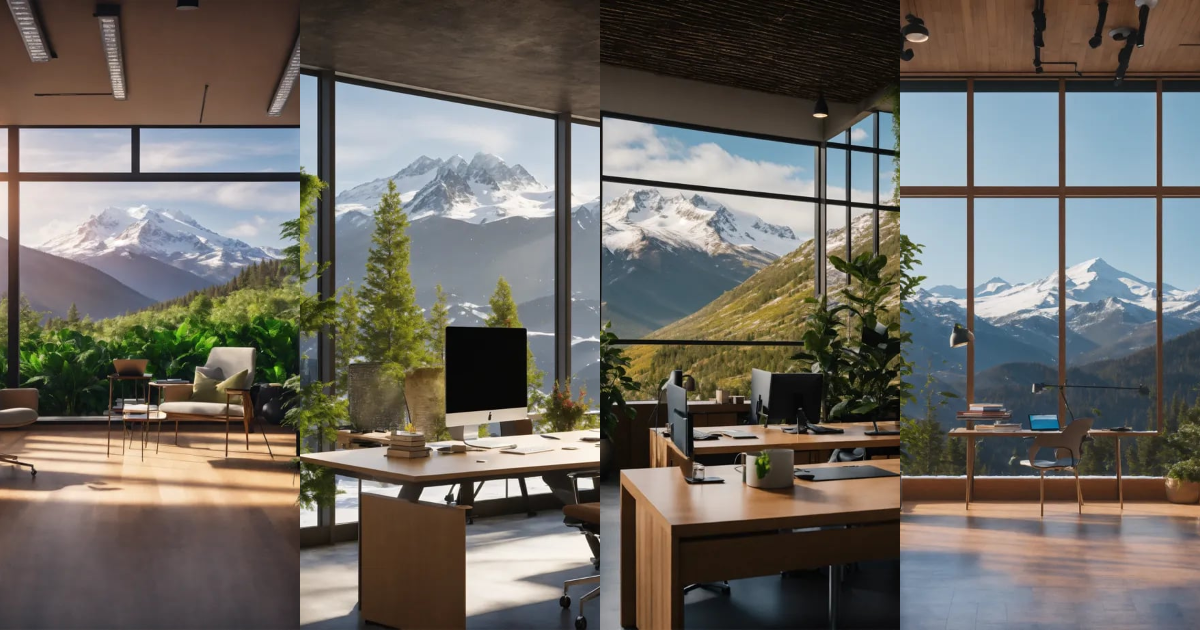 Lexica - Office interiors with vegetation view mountain with snow, 8k ...