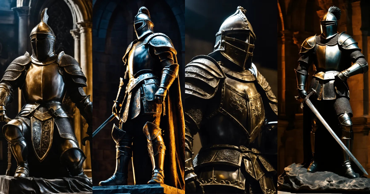 Lexica - A muscular Medieval knight statue set against a background of ...
