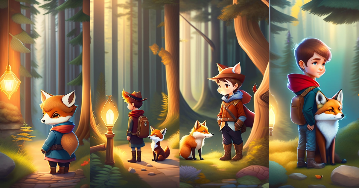 Lexica - A young boy wizard and his little fox friend nearby, cartoon ...