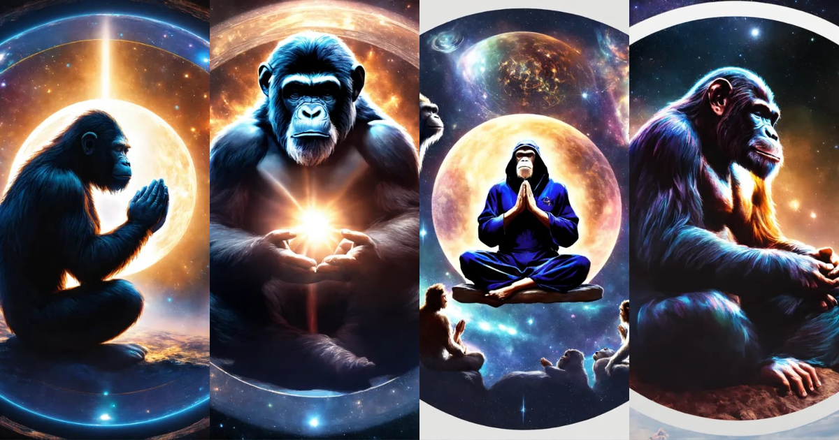 Lexica - Apes praying to a human god in space, in circle image ...