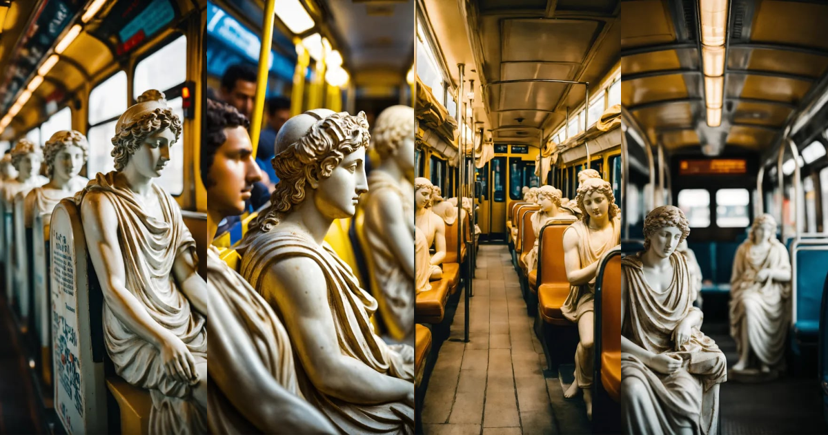 Lexica - Sad white classical Greek statues commuting in an old crowded ...
