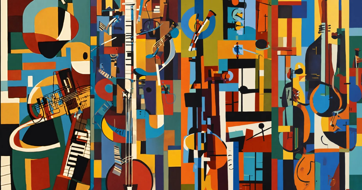 Lexica - 4 jazz musicians, playing with instruments, abstract art in ...