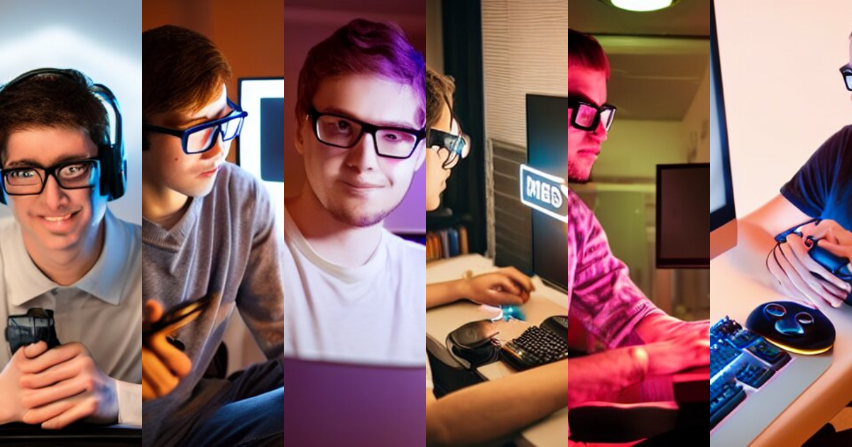 Lexica - Nerdy!! gamer with glasses next to glowing gaming computer