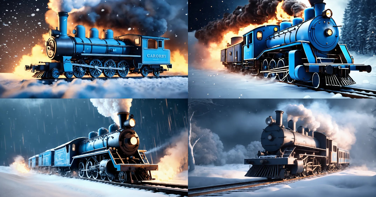 Lexica - 3D Cartoonish An old baby blue railway engine rushing through ...