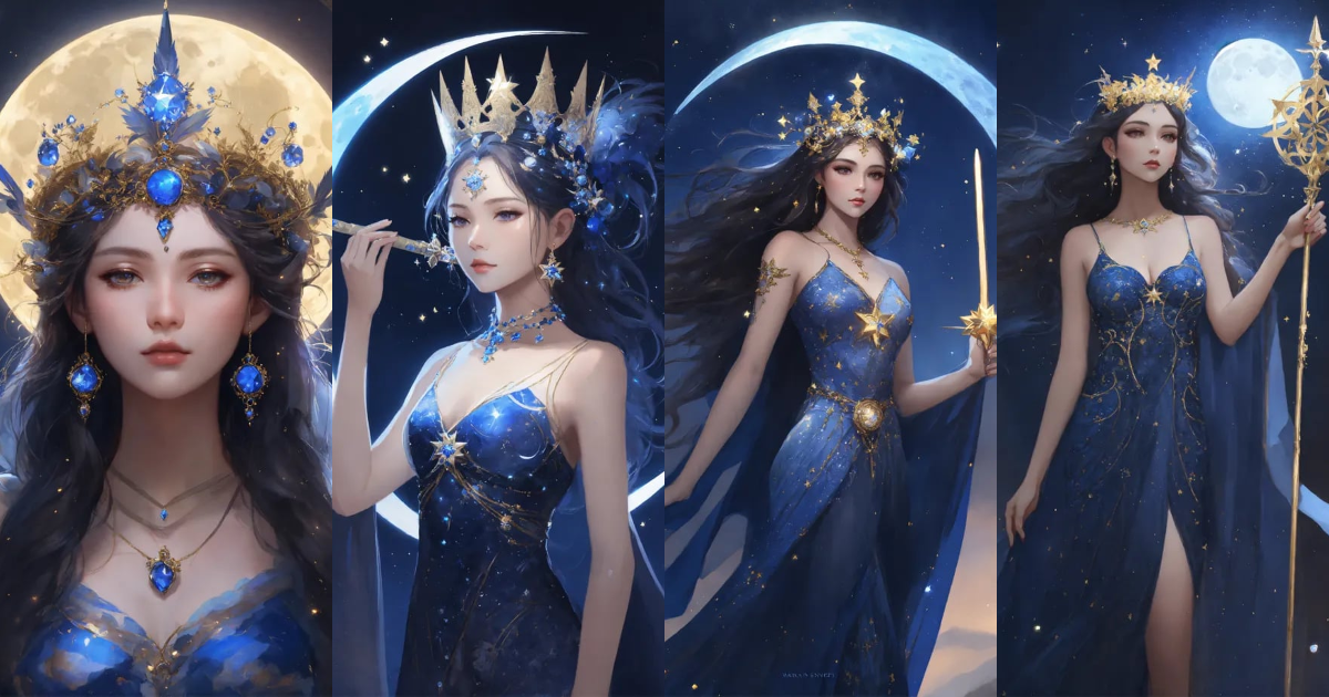 Lexica - Moon goddess holding a staff, highly detailed star crown ...