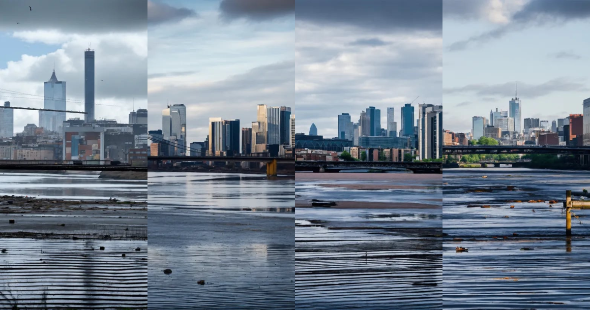 Lexica - Cityscape from a riverbank, gritty urban
