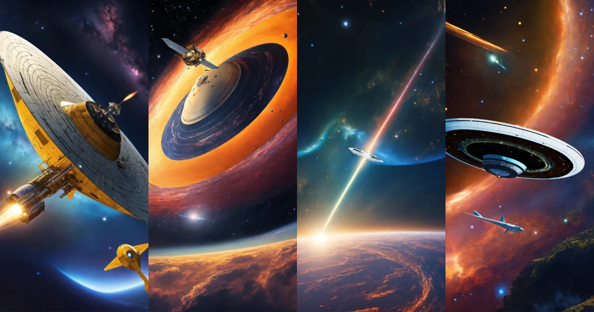 Lexica - Astroplane in cosmos approaching a wormhole, side view.