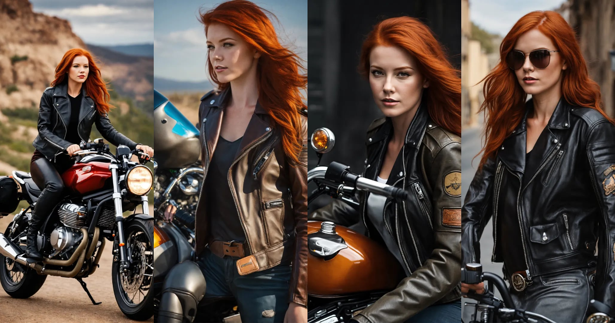 Lexica - Generate images of a redhead woman dressed as a motorcyclist ...